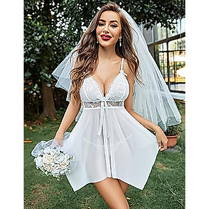 Avidlove Women Lingerie Lace Babydoll V Neck Sleepwear Strap Chemise (White,S)