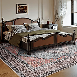 MTOUOCK Washable 8x10 Area Rugs, Non Slip Boho Area Rug Washable, Vintage Distressed Area Rugs 8 x 10 Area Rugs Indoor for Living Room Bedroom (8'x10', Brick/Rust/Red)