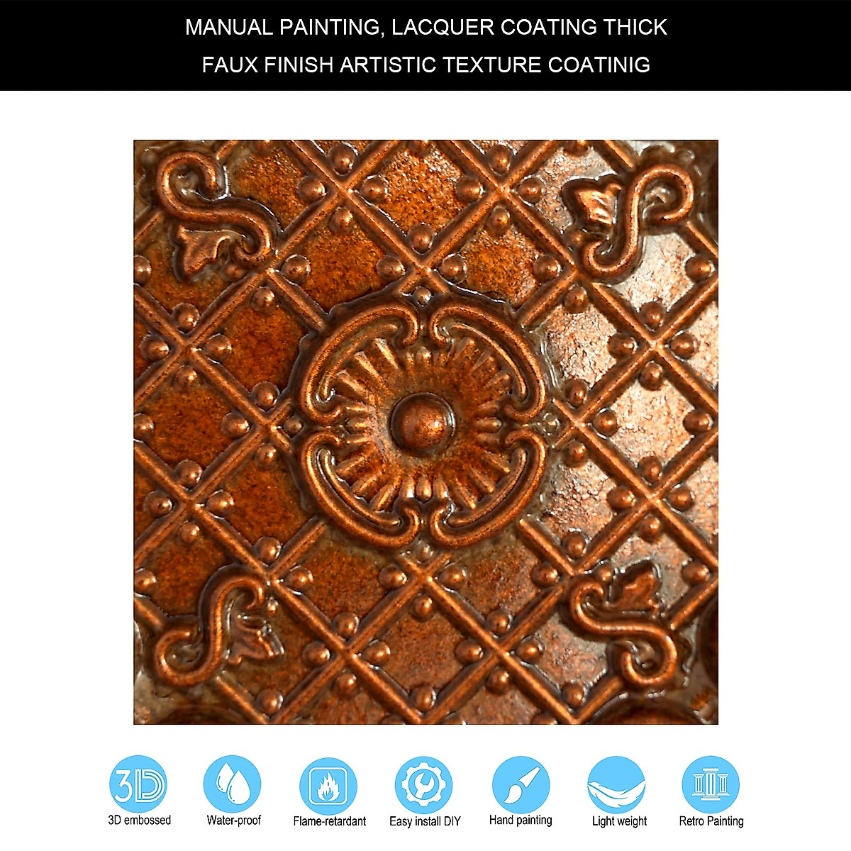 PAINTSDECOR Faux Plastic Ceiling Tiles Peel and Stick Tin Ceiling Tiles Distressed for Cafe Club Salon Hotel Store Bar 2'x2' PL80 Archaic Copper 10pcs