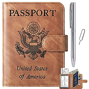 Passport Holder Cover Wallet Travel Essentials Leather Rfid Blocking Case Vacation Luggage Must Haves Travel Accessories for Men Women (2#Brown)