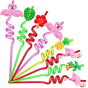 24 Pcs Hawaiian Reusable Plastic Straws with 2 Cleaning Brush Luau Theme Straws Flamingo Drinking Straws Aloha Party Favors for Kids Birthday Beach Pool Party Supplies