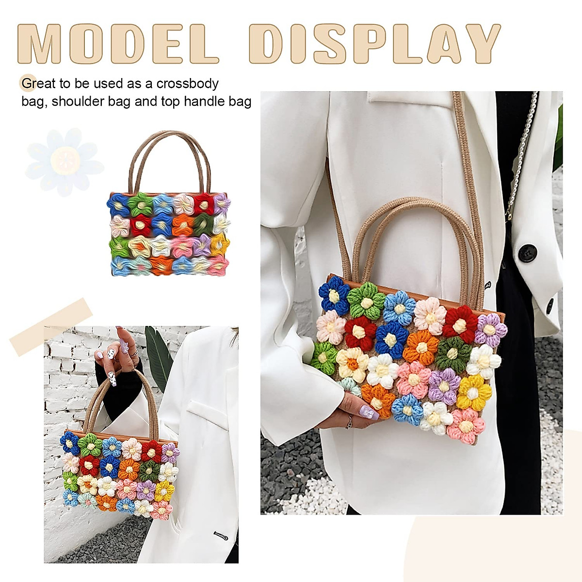 SUKUTU Women Small Flower Handwoven Crossbody Handbag Cute Multicolored Purse Bag Cotton Crochet Shoulder Bag