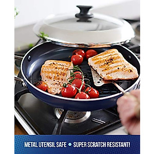 Blue Diamond 11" Grill Genie Pan, Diamond Infused Ceramic Nonstick with Lid, PFOA and PFAS-Free, Dishwasher & Oven Safe, Durable Cookware for Indoor Grilling, Searing, Versatile Cooking, Blue