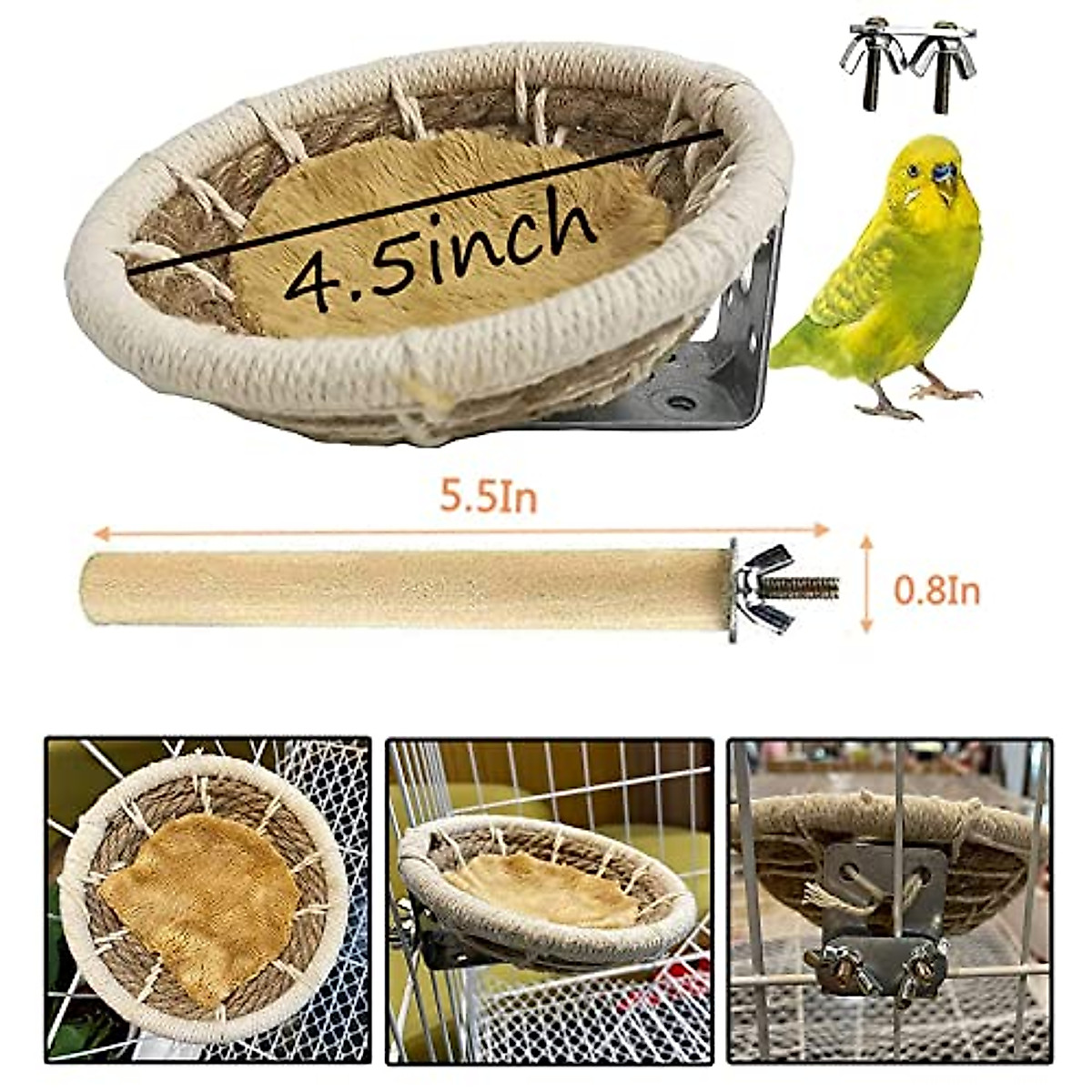 Bird Breeding Nest Parakeet Bed for Cage Parrot Hatch House Handmade Cotton Weave Hemp Rope Nesting with 3pcs Perchs for Budgie Cockatiel Conure Canary Finch Lovebird
