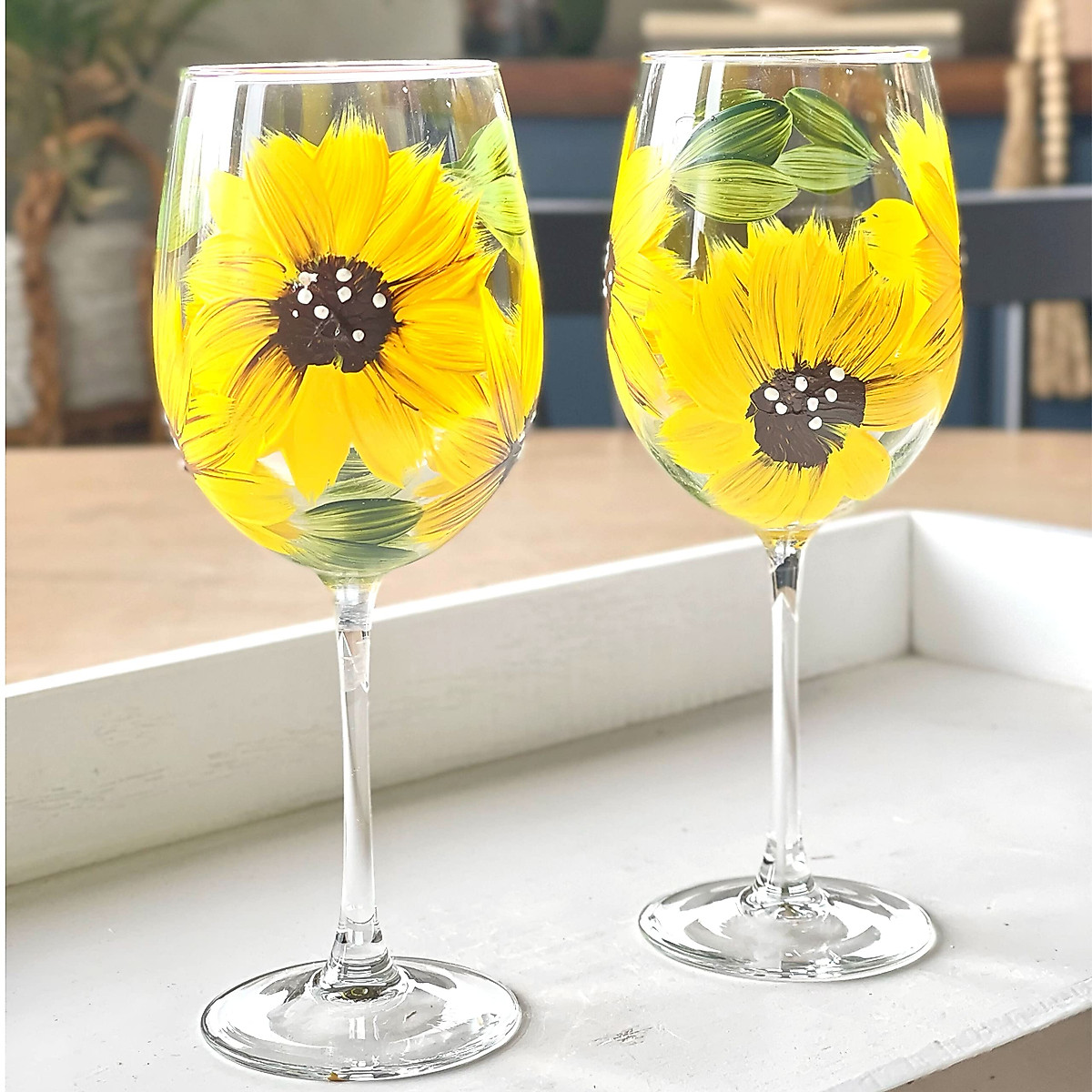 Hand Painted Sunflower Wine Glasses, 12 Ounce Stemmed Set of 2, Perfect Gift for Mom, Wine Lovers, Mothers Day, Birthday, Easter, and Christmas, Yellow and Green design, Artisian Brushes with a View