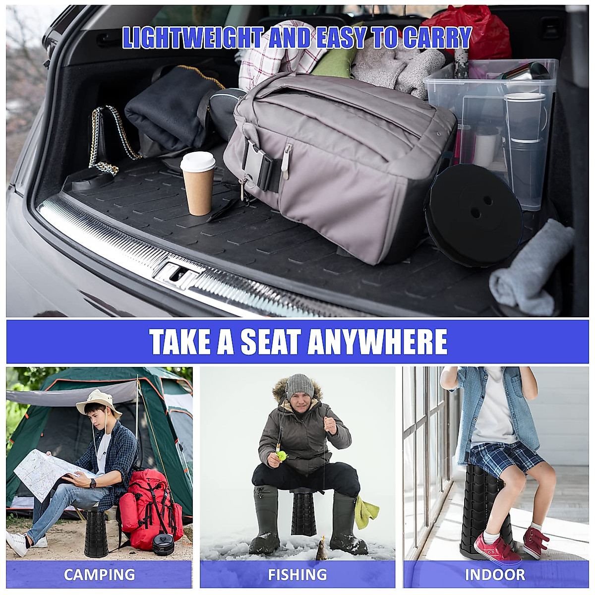 Magic Vision LLC Portable Folding Stool Lightweight Telescopic Stool for Adults with Load Capacity 400 LB Retractable Plastic Shrinkable Seat for Camping Fishing BBQ Outdoors Indoors Kitchen. (Black)