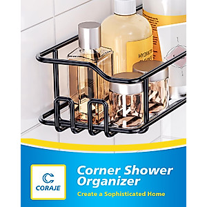 Coraje 2 Pack L-Shape Black Modern, Minimalist Shower Caddy, Adhesive Shower Organizer, Stainless Steel, 40 lbs Capacity