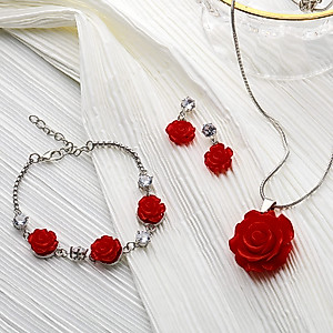 Fiada 1 Set Resin Rose Jewelry Red Necklaces with Diamond Flower Vintage Jewelry Dangle Necklace and Earring Sets for Women Pendent Bracelet for Bride Wedding Valentine Gifts