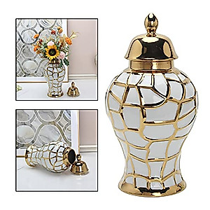 Gralara Luxury Vase Ceramic Ginger Jar with Lid, Decorative Temple Jar, Tea Tin/Tea Storage Flower Vase for Home Kitchen Dining Decoration, White Gold