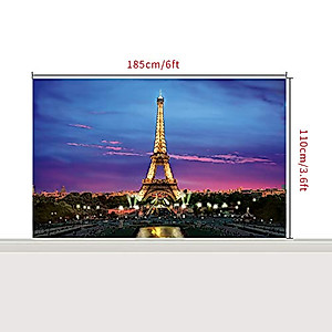 Paris Eiffel Tower Backdrop Banner Background Photo Booth Prop, Paris Night View Props Wall Photography Background Banner 6 x 3.6 Feet with 4 Copper Holes and 19.7 ft Black String