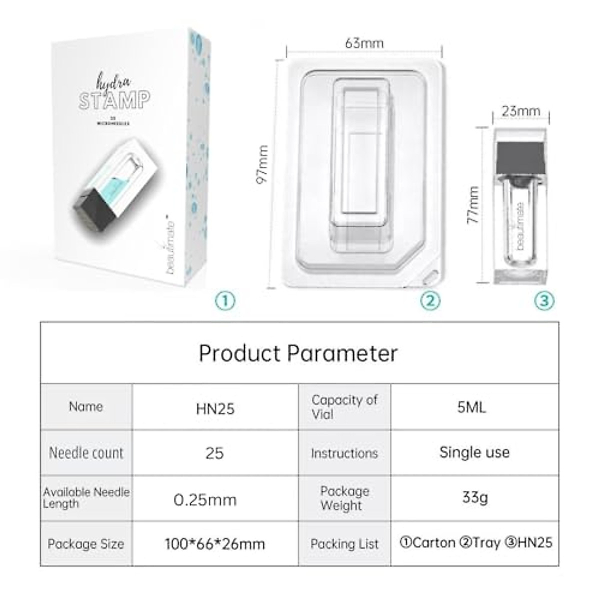beautimate Microneedling Hydra Stamp - Derma Stamp and Serum Infusion Tool - Microneedle Skincare Tool for Home Use - For Face, Hair, and Beard - 0.25mm