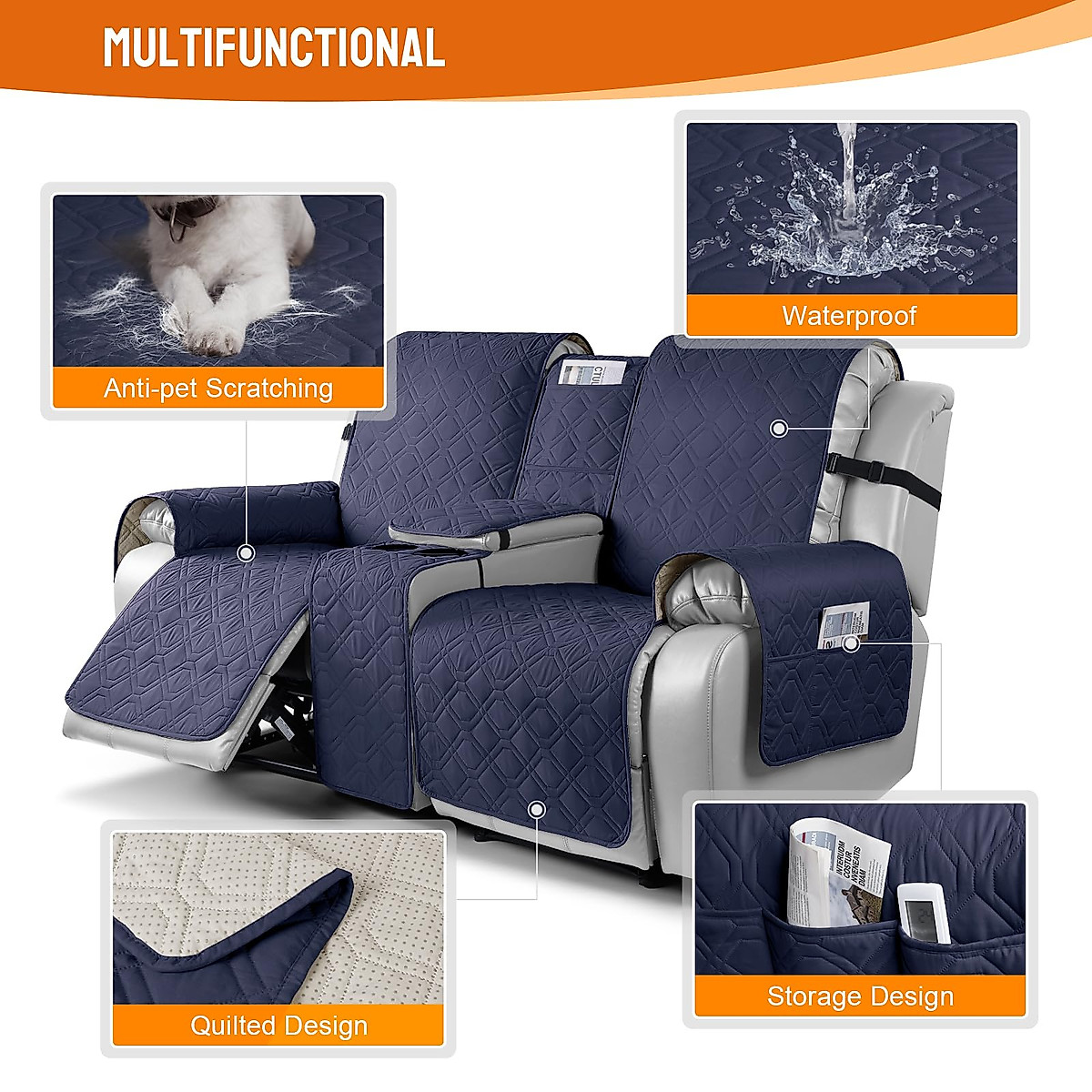 VANSOFY Loveseat Recliner Cover with Console 100% Waterproof Sofa Slipcovers Non-Slip Reclining Couch Cover Split Sofa Covers Furniture Protector for Pets, Dogs(Dark Blue)