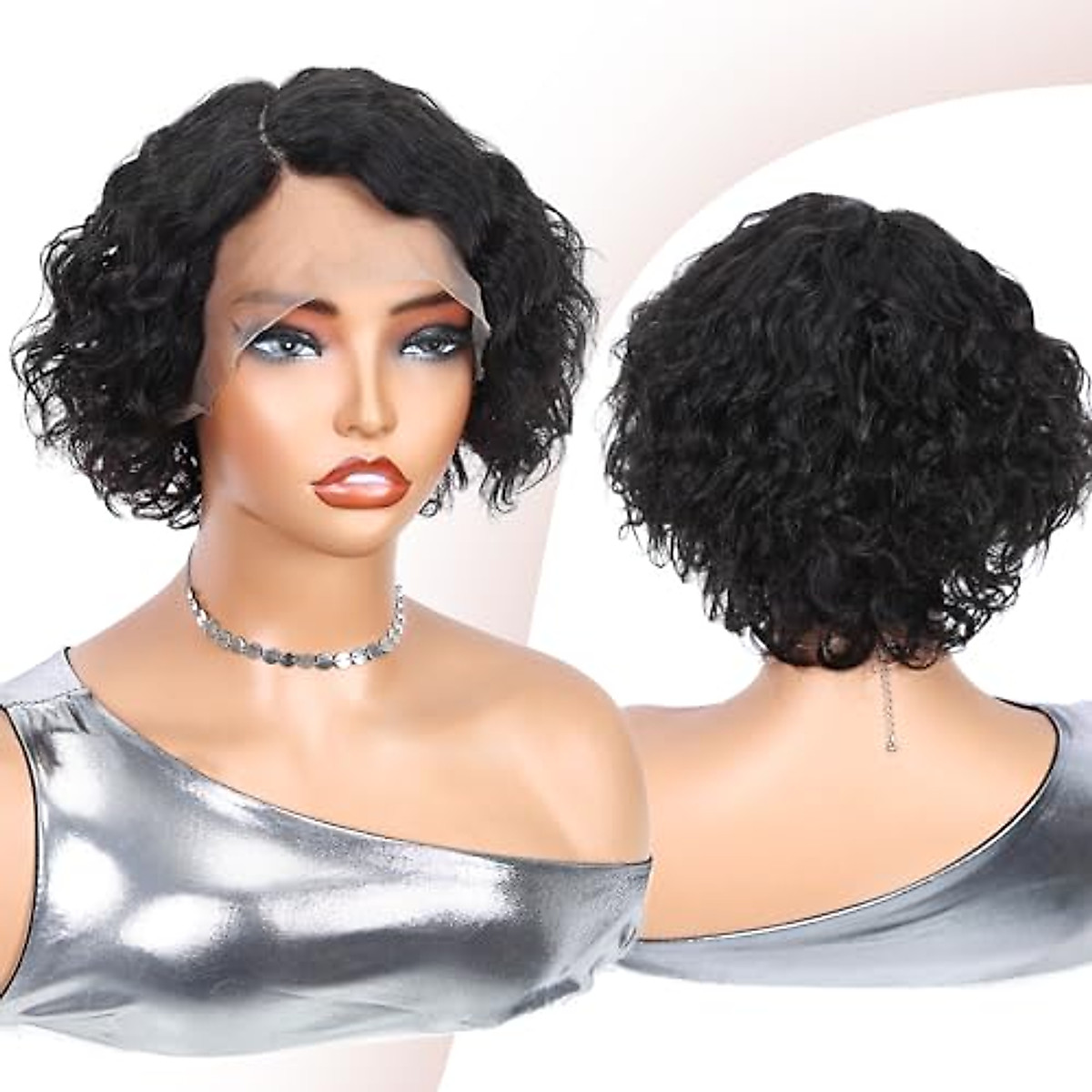 WIGER Short Lace Front Wigs Human Hair for Women Short Curly Bob Wig Black Wavy Lace Wig Black Pixie Cut Wig Brazilian Virgin Human Hair Curly Wigs 180% Density Side Part