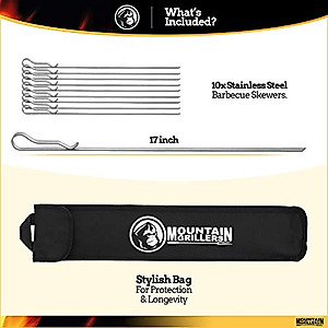 BBQ Grilling Kabob Skewers - 17” Stainless Steel - Long Reusable Flat Metal - Barbecue Shish Kebab Sticks – Set of 10 w/ Handy Storage Bag