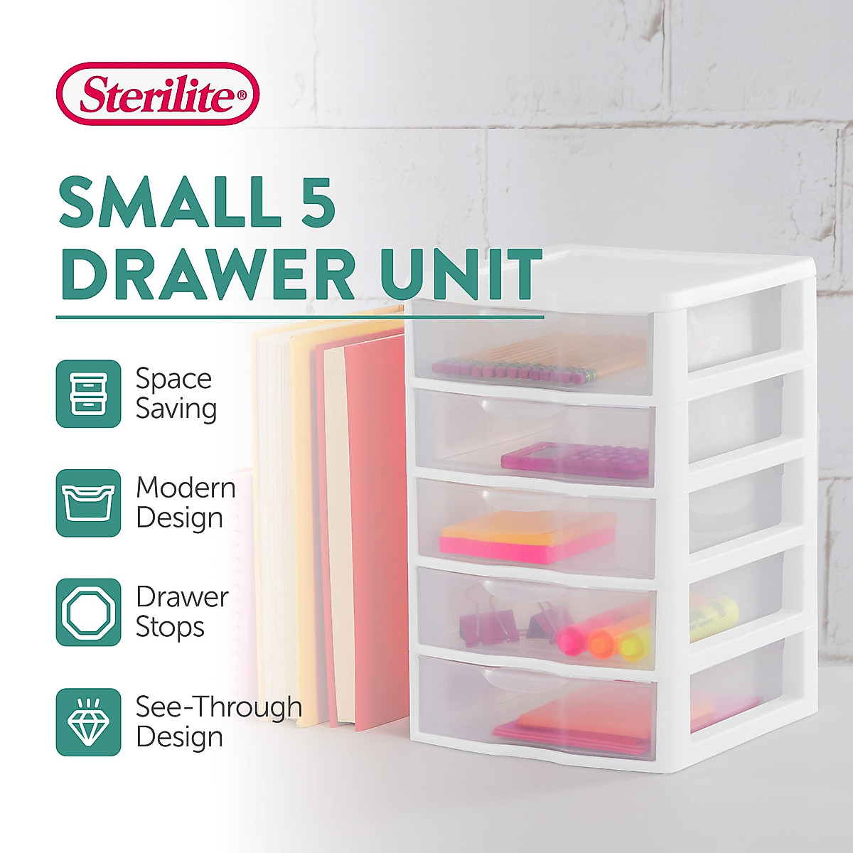 Sterilite 20758004 Small 5 Drawer Unit, White Frame with Clear Drawers, 4-Pack