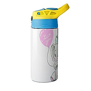 Water Bottle With Straw Cute Elephant Insulated Stainless Steel Vacuum Cup 500Ml For School 7.5x2.7 in
