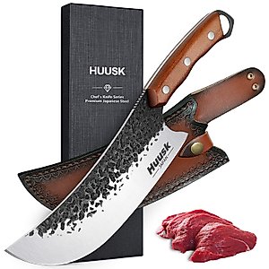 Huusk Butcher Knife for Meat Cutting, Meat Cleaver Knife Heavy Duty with Sheath, Hand Forged Cooking Knife with Full Tang handle for Kitchen or BBQ, Gift for Dad