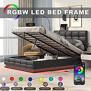 BIADNBZ Full Size Modern Platform Bed with Hydraulic Storage System and Headboard,Tufted PU Upholstered Bedframe with LED Lights and USB Charger for Bedroom,No Box Spring Needed, Black