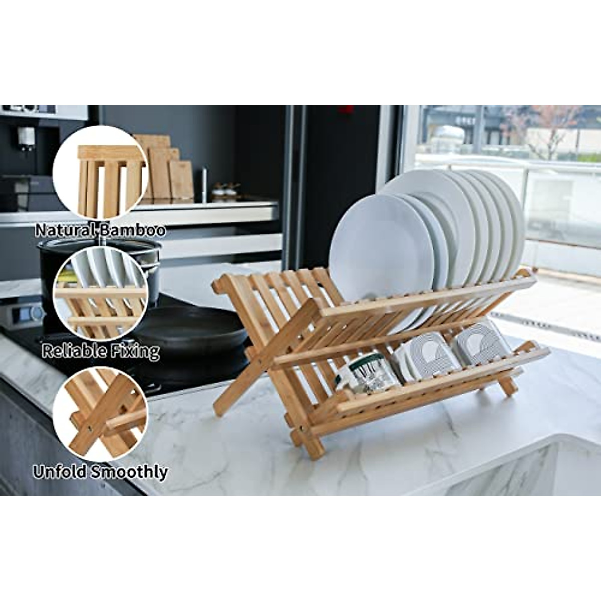 ZROOY Bamboo Dish Drying Rack, 2-Tier Bamboo Dish Rack Collapsible roll up Dish Drainer for Kitchen Counter,Wooden Dish Drying Rack by Natural,