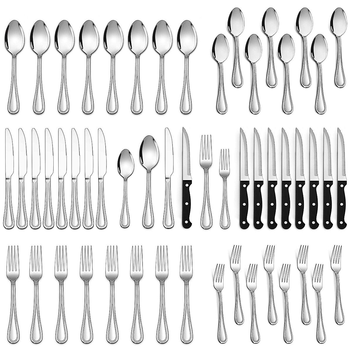 LIANYU Silverware Flatware Set for 12, 72-Piece Silverware Cutlery Set with Steak Knives, Fancy Stainless Steel Eating Utensils Tableware Include Forks Spoons Knives, Beaded Edge, Dishwasher Safe