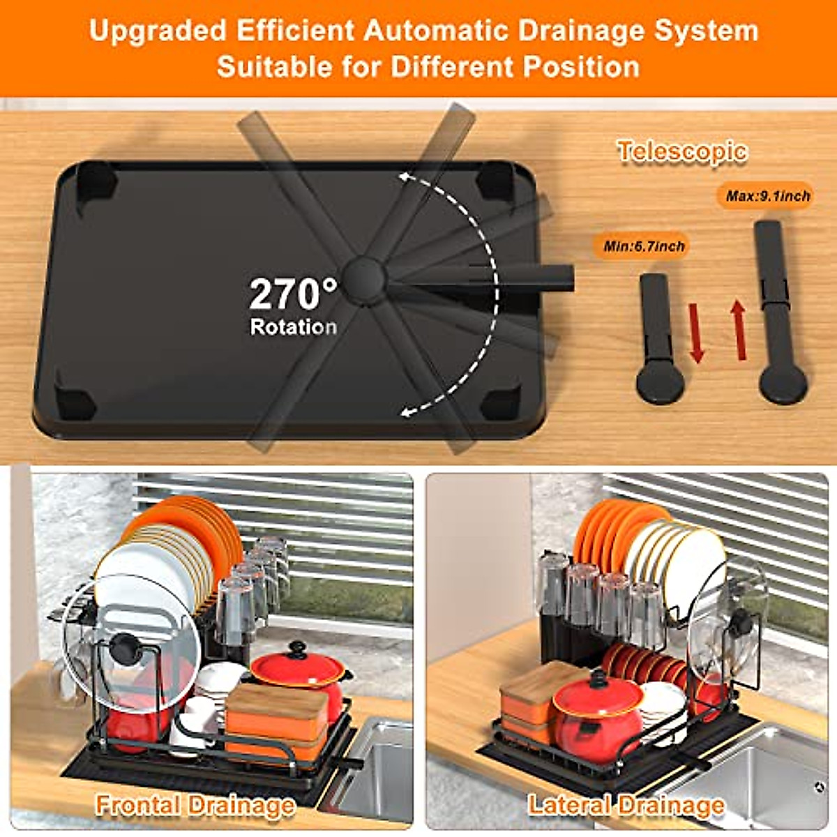 Stofiro 2 Tier Dish Drying Rack with Drainboard & 4 Pack Magnetic Spice Rack for Refrigerator