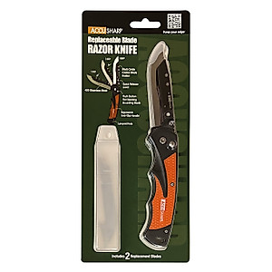 ACCUSHARP Multifunctional Replaceable Blade Razor Knife, 3.5" Stainless Steel Folding Pocket Knife with Replaceable Blades, Clip, Comfort Grip, and Adjustable Opening Angles, Orange