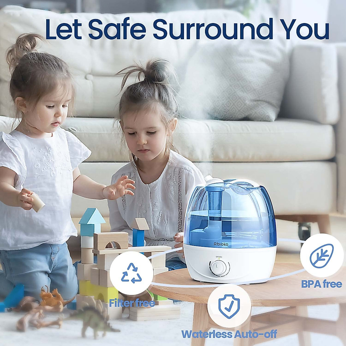 Rbioko 2.6L Cool Mist Humidifiers for Bedroom Whisper Quiet, Ultrasonic Vaporizer for Baby & Nursery, Indoor Plants & Whole House -Adjustable 360 Rotation Nozzle, Easy to Clean, Auto-Shut Off