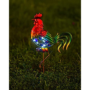 GDF 20" Chicken Decor - Outdoor Rooster Decor Solar Lights -Metal Rooster Garden Decorations for Yard Pathway Lawn Patio Courtyard , Gifts for Her/Him.