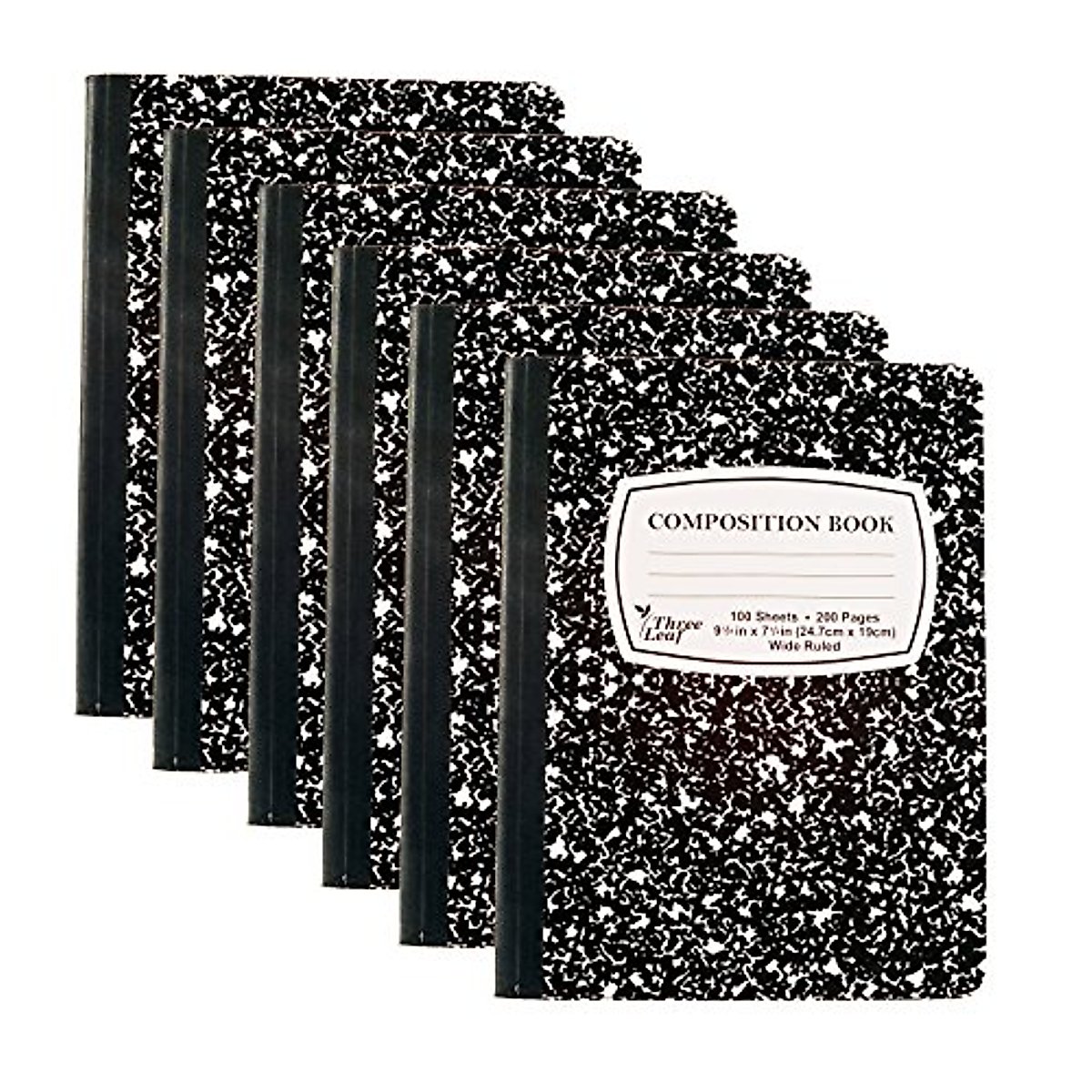 Pack of 6 - Composition Notebooks, 9-3/4" x 7-1/2", Wide Ruled, 100 Sheet (200 Pages), Color: Black Marble, Weekly Class Schedule and Multiplication/Conversion Tables on Covers. (6-Pack, Black)