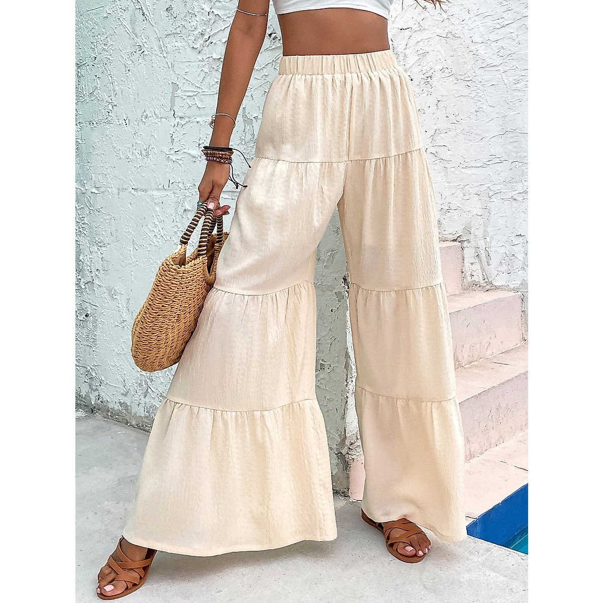 WDIRARA Women's Flowy Boho Elastic High Waist Ruffle Hem Wide Leg Beach Loose Palazzo Pants Beige M
