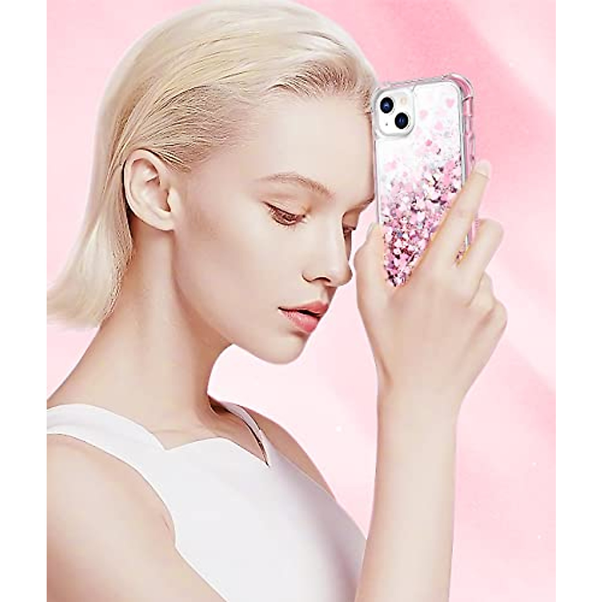 Caka Case Compatible for iPhone 13 Glitter Case, iPhone 14 Case for Women Girls with Built-in Screen Protector Bling Sparkle Liquid Full Body Protective Case for iPhone 13 14 6.1 inch - Rose Gold