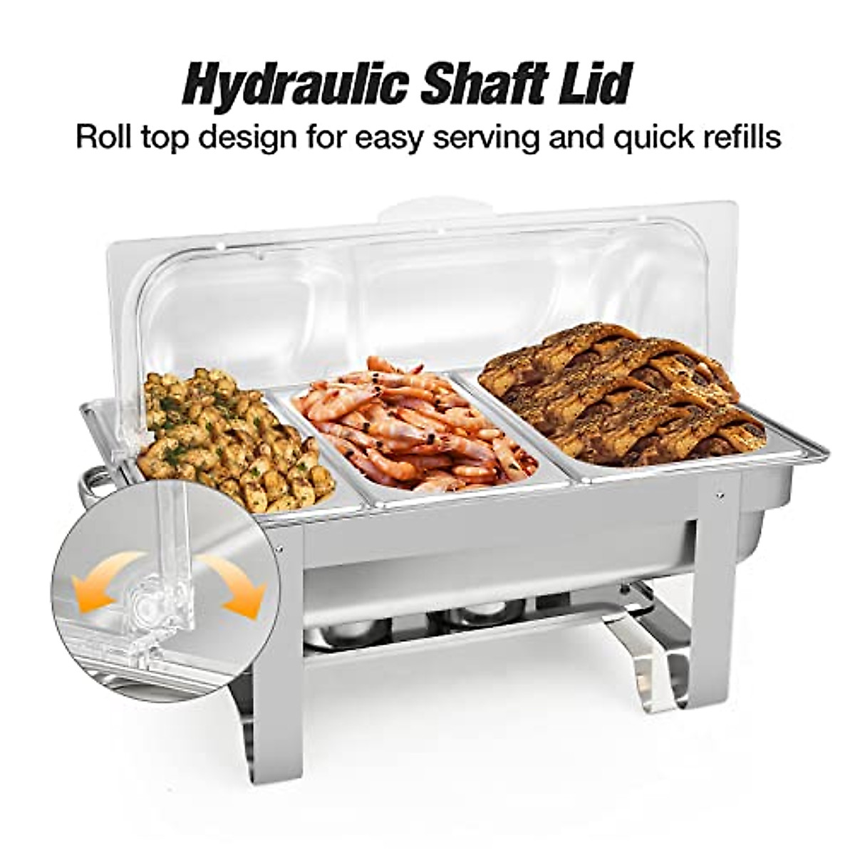 Restlrious Chafing Dish Buffet Set with Roll Top Plastic Cover, Stainless Steel 8 QT Rectangular Chafers and Buffet Warmers Set w/3 Third Size Food Pan, Water Pan, Fuel Can for Catering Event Party