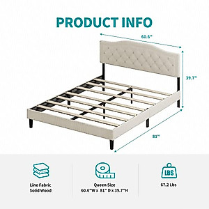 BALUS Upholstered Bed Frame with Headboard , Queen Platform Metal Bed Frame with Steel Slat Support / No Box Spring Needed / Easy Assembly/No Mattress,Beige