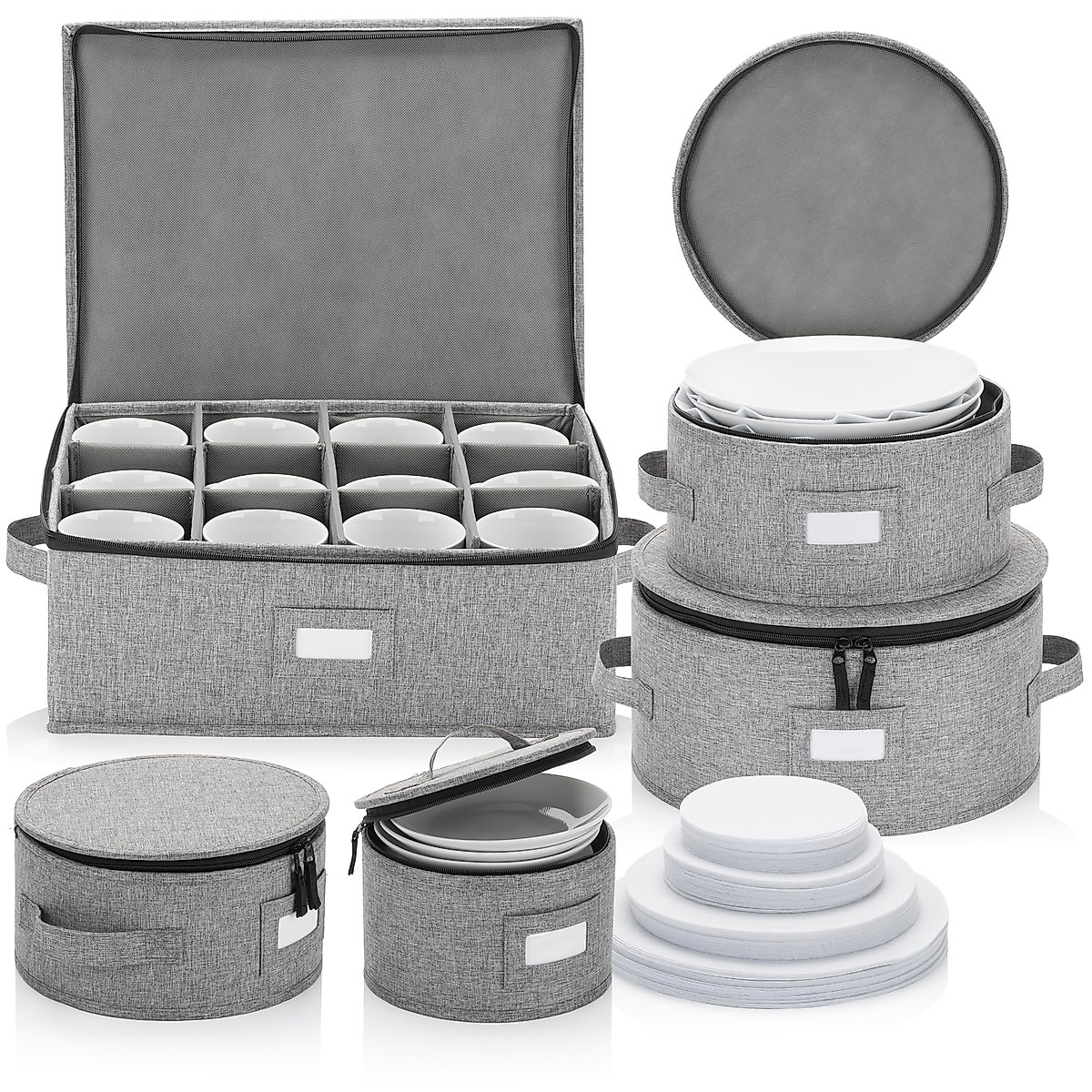 China Storage Set for Plates, Cups and Mugs - 5 pc set - Hard Shell and Stackable, Fully Padded Interior, 48 Plate Dividers Included