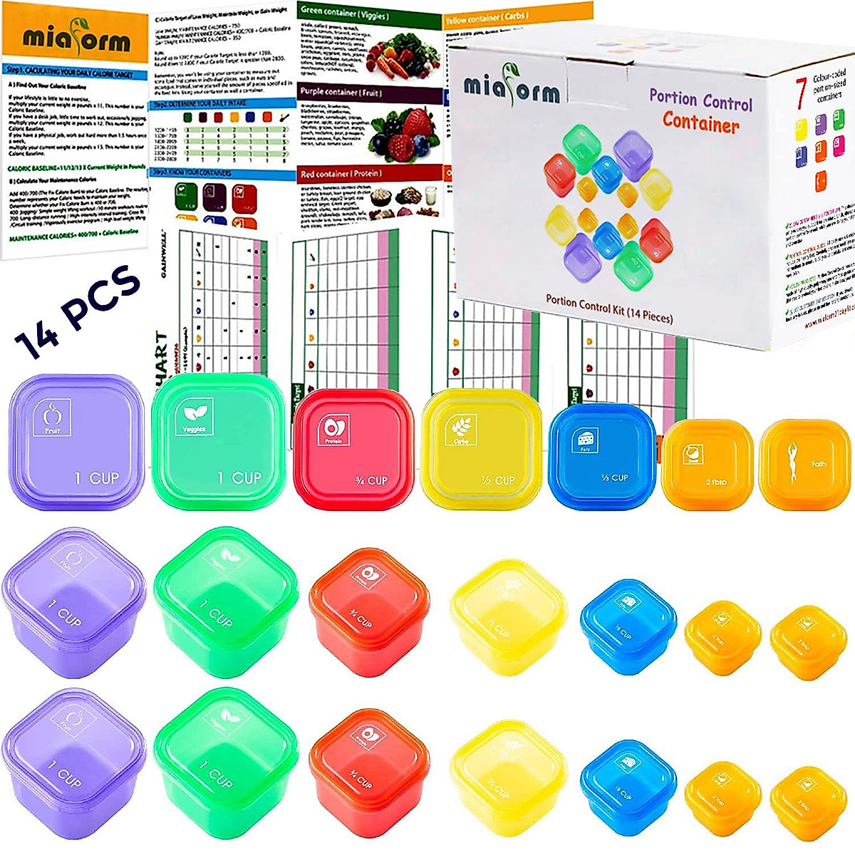 Portion Control Container and Food Plan (Labeled 14 Pcs) - 21 Day Portion Control Container Kit for Weight Loss - 21 Day Tally Chart with e-Book