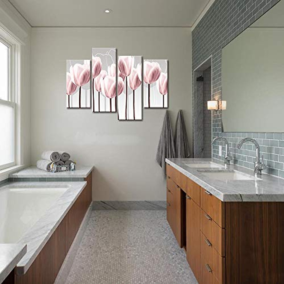 Floral Canvas Wall Art,Canvas Print Pink Tulips for Wall Decor, Framed and Stretched 4 Panels Elegant Flowers Canvas Prints (01 Pink Tulip)