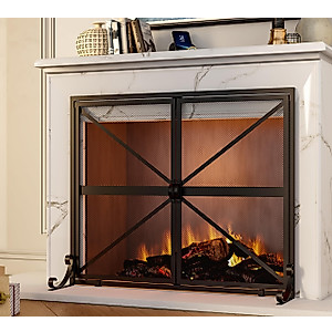 Fire Beauty Fireplace Screen with Doors, 2-Pannel Handcrafted Solid Wrought Iron Decorative Mesh,Baby Safe Proof Firewood Burning Stove Accessories(Black)