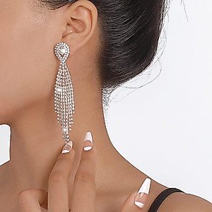 Denifery Teardrop Crystal Chandelier Earrings Long Tassels Dangle Earrings Sparkling Rhinestone Ladies Gifts Statement Earrings Bridal Wedding Jewelry (Silver)