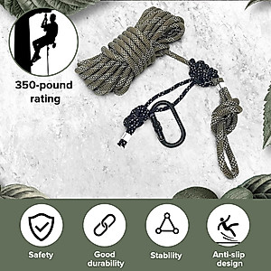 Reflective Safety Rope for Tree Stand - 30ft Premium Treestand LifeLine Rope Hunting - Safety Harness Lifeline Rope. Treestand Safety Harness Rope Camo with Prusik knot life line and Carabiner