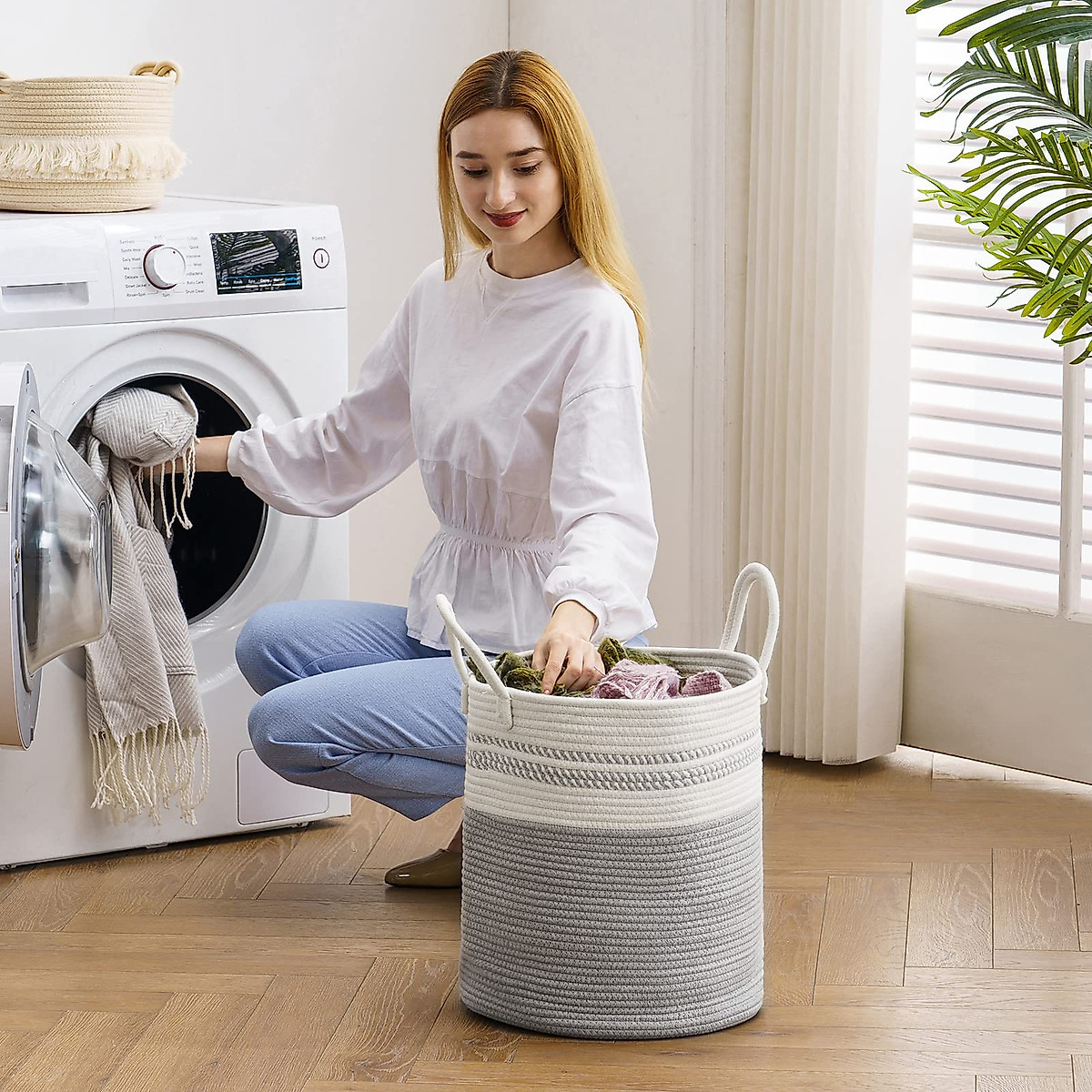 TECHMILLY Woven Rope Laundry Hamper Basket, Tall Laundry Basket Storage, Baby Nursery Hamper for Blanket, Clothes Hamper for Laundry in Bedroom and Living Room Organizing, Small, 42L, Grey