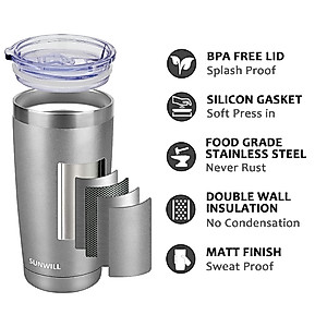 SUNWILL Travel Coffee Tumbler 20 oz, Insulated Mug with Lid, Stainless Steel Cup for Hot and Cold Drinks, Cool Grey