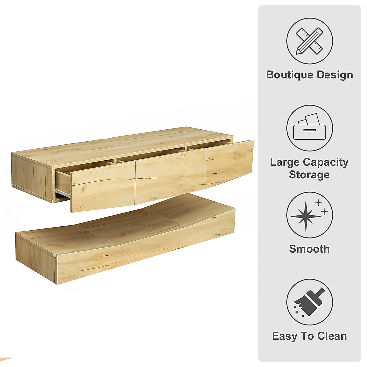 Wood Floating TV Stand for 55 Inch TV LED TV Console Wall Mounted Entertainment Center with Display Platform and 3 Drawers Media Table Cabinet for Living Room Oak