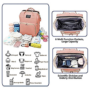Lamroro Diaper Bag Backpack Foldable Baby Bed, Diaper Changing Station with USB Charging Port, Waterproof Multi-Functional Girl Boy Mom Travel Baby Diaper Bag, Large Capacity, Pink, 16.5x9x13 Inch