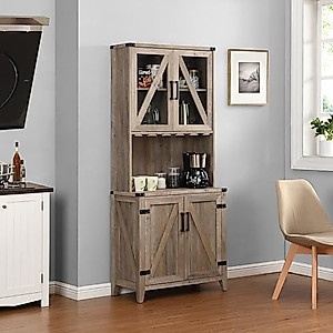 Home Source 72" Tall Wood Kitchen Storage cabinets with Doors, Transparent Glass Doors, Wine Cup Holder, Liquor Shelves Large Storage Pantry Pantry for Kitchen, Bar, Living Room