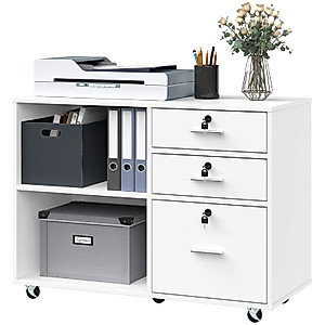 YITAHOME Wood File Cabinet, 3 Drawer Mobile Lateral Filing Cabinet, Storage Cabinet Printer Stand with 2 Open Shelves for Home Office Organization,White