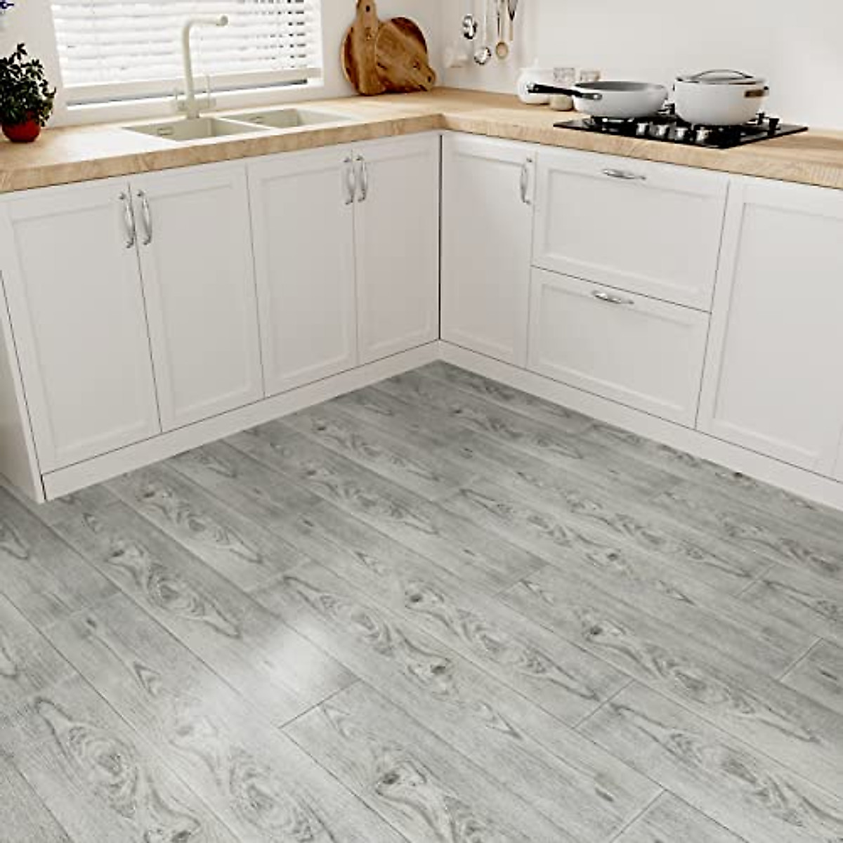 STICKEEP 6 x 36 in Wood Grain Peel and Stick Waterproof Vinyl Floor Tiles, 4 PCS, Light Grey, Residential Grade