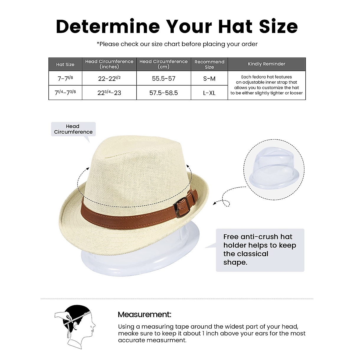 Simplicity Panama Style Fedora Hats for Women Straw Fedora Sun Hat with Band Fedora Hats for Men Straw Hats for Men Fedora Hats,Natural,L/XL