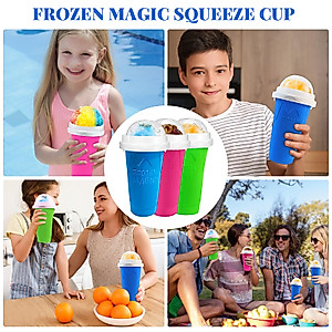 Slushie Cup, 2 Pack Slushy Maker Cup, Frozen Magic Squeeze Cups for Juice Milk Yogurt Ice Cream Make, DIY Smoothie Cooling Cup with Lid & Straw for Kids Friends Family (Blue+Pink)