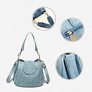 NIGEDU Casual Denim Bucket Shoulder Handbag Women Crossbody Bags Large Capacity Female Tote Vintage Canvas Purse Bag (Dark Blue)