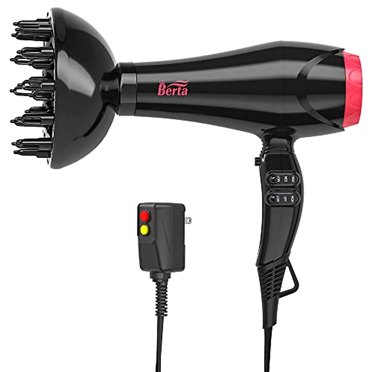 BERTA 1875W Professional Salon Hair Dryer Negative Ionic Blow Dryer, 2 Speed 3 Heat Settings Cool Button with AC Motor, Concentrator Nozzle & Diffuser
